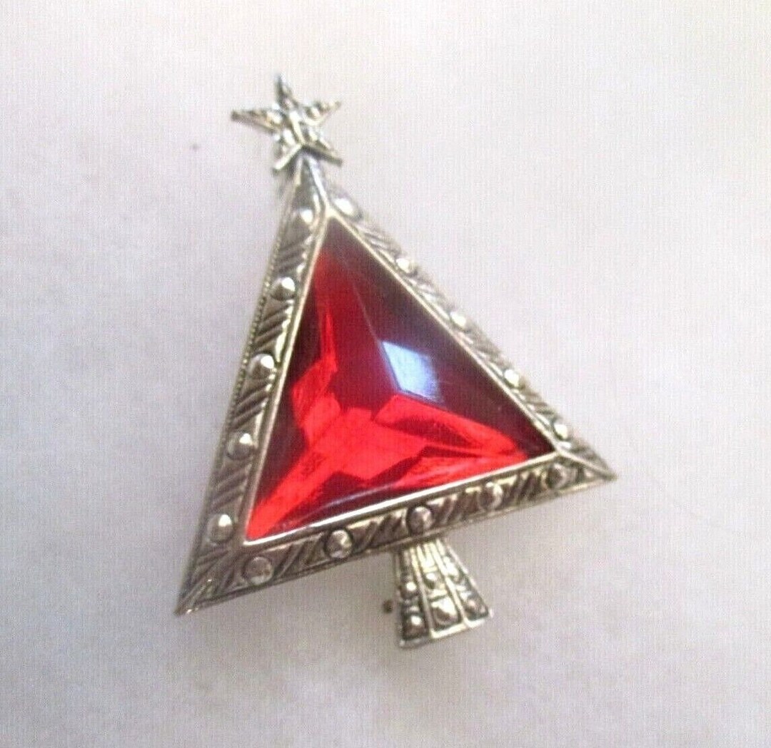 Art Deco Christmas Tree Pin Star Top Geometric MCM Marcasite Pyramid ...