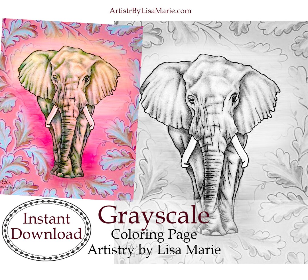 Elephant Adult Coloring Book Page, Grayscale Digital Adult Craft Kit ...