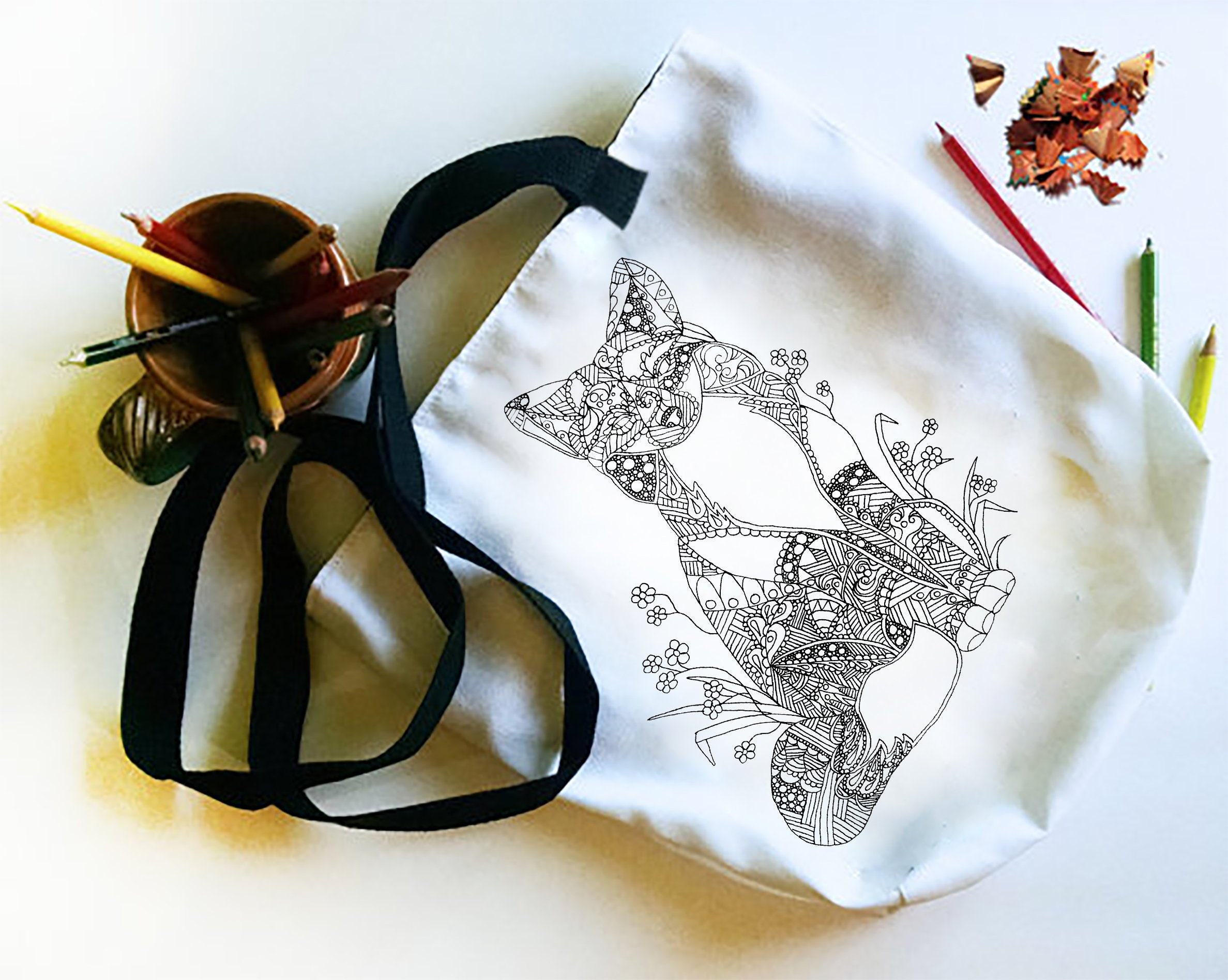 Custom Tote Bag Fox Coloring Color Your Own Bag DIY Gift | Etsy