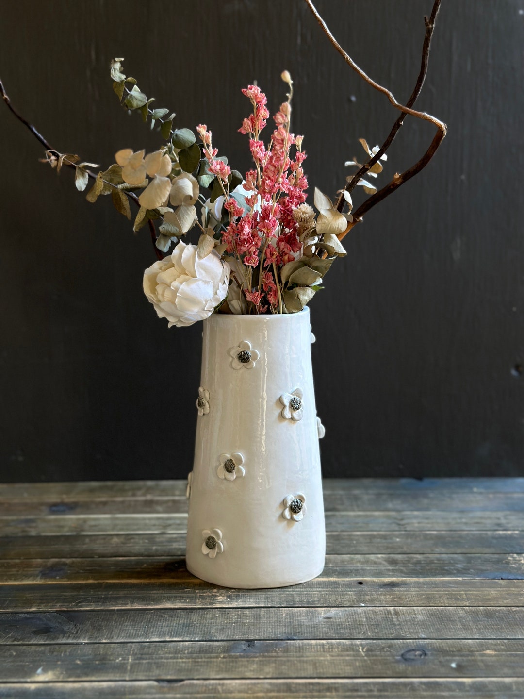 Tall White Handmade Ceramic Vase With White Daisies Retro Handmade Vase ...
