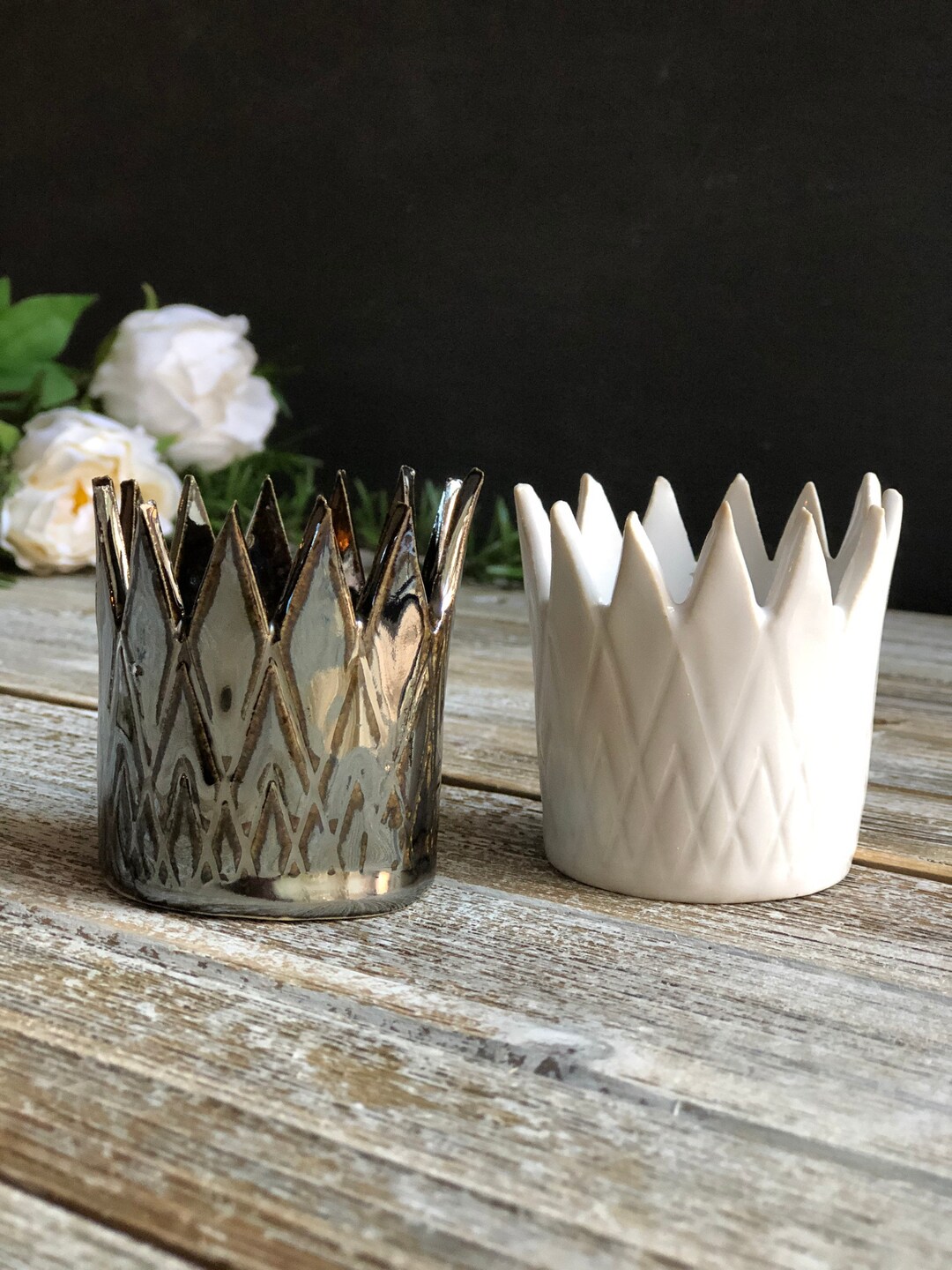 Silver Crown Handmade Ceramic Tealight Holder Votice Holder & Match ...