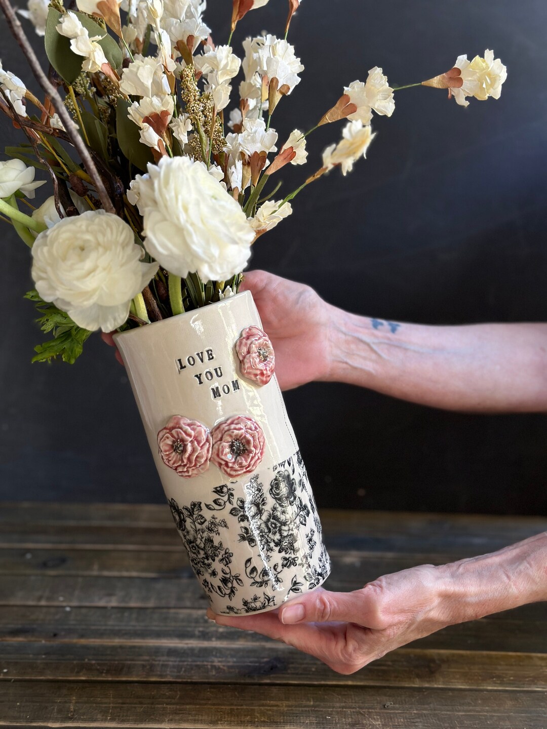 Mother's Day Handmade Ceramic Love You MOM Vase Pink Peony Custom ...
