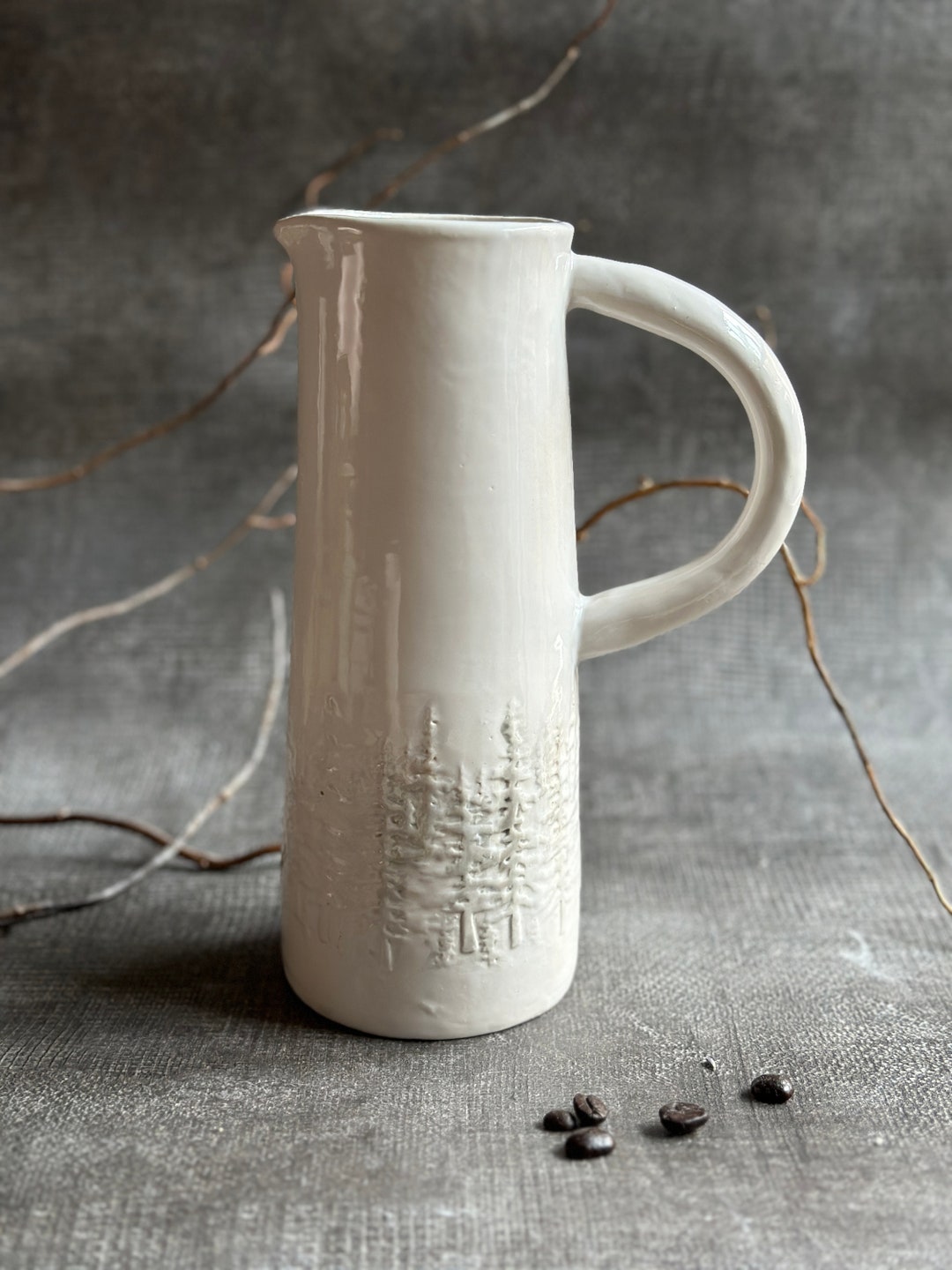 Tall Handmade Ceramic Pitcher. White Tree-pattern Pitcher. - Etsy