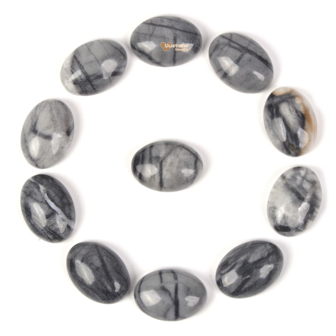14mm Black Network Jasper Gemstone Oval Flatback CAB Cabochon Stone ...