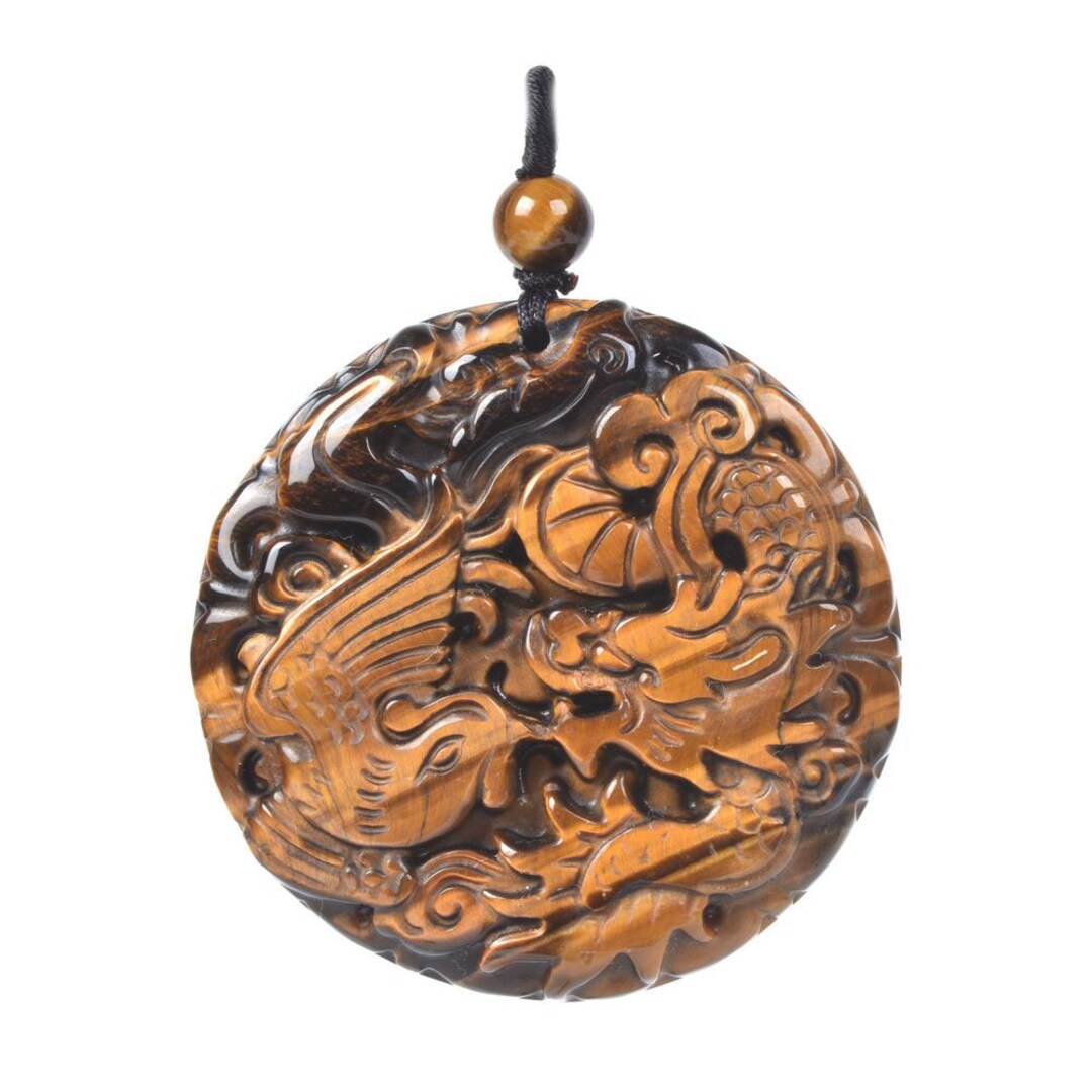 Yellow Tiger Eye Gemstone Dragon Phenix Flatback Round Pendant Focal ...
