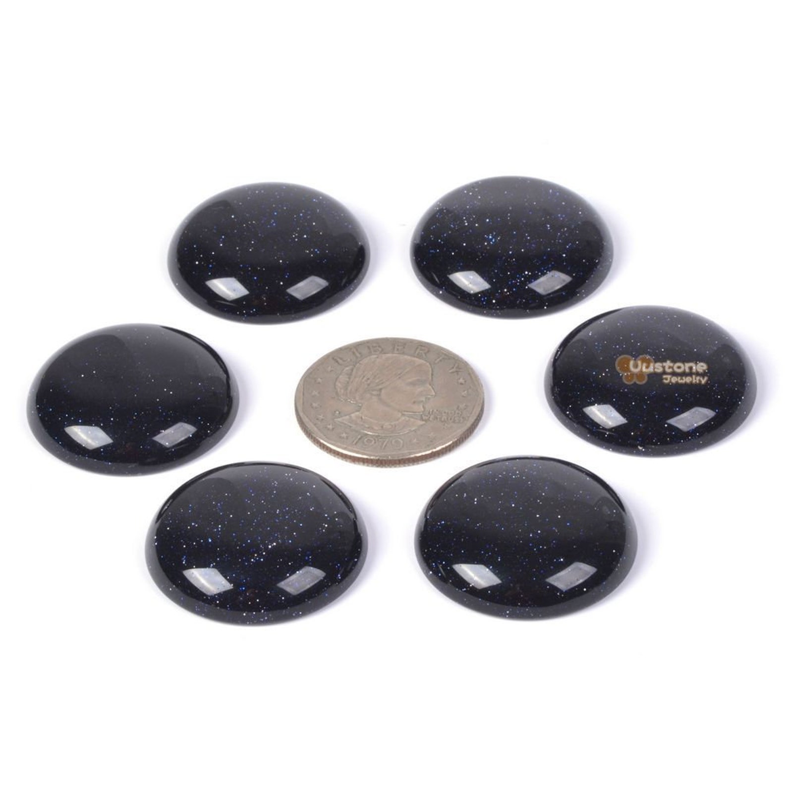 30mm Sparkly Synthetic Blue Sandstone Goldstone Round Flatback Cab ...