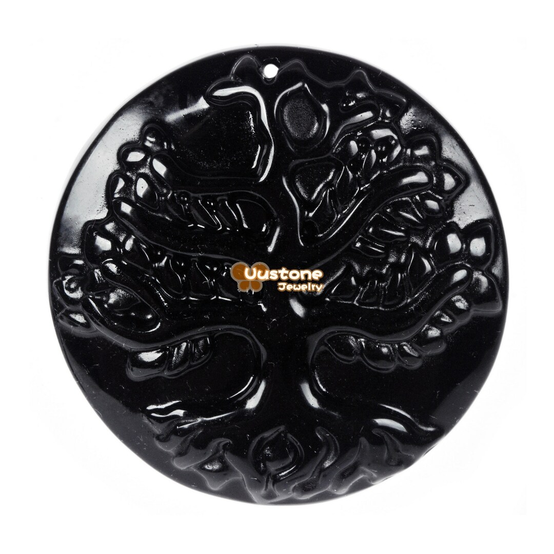 Carved Black Obsidian Tree of Life Pendant Focal Bead 50mm DIY Jewelry ...