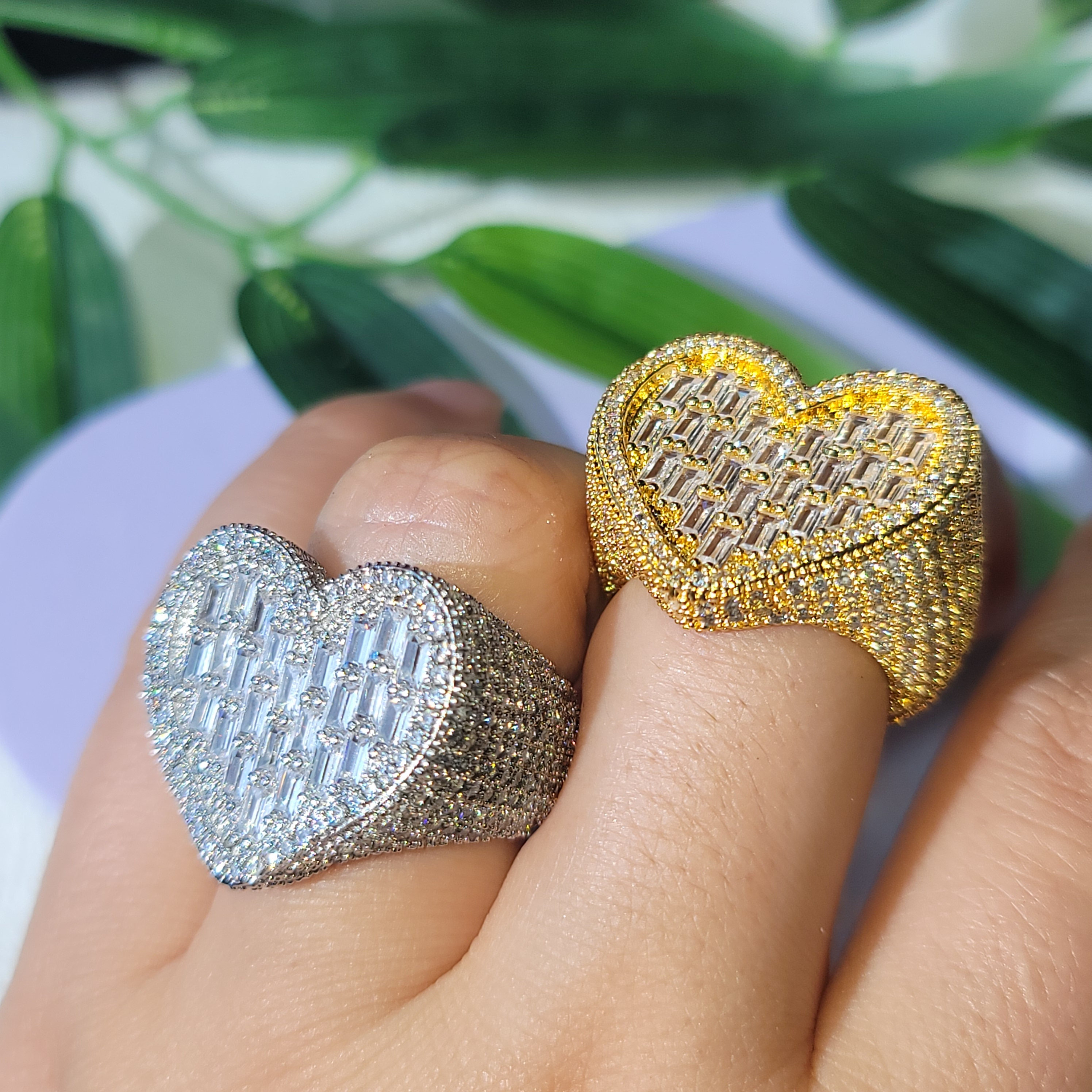 Baguette Diamond Big Heart Rings silver Gold Rings for Engament full Iced Statement Ring hip Hop Jewelry for Women gift for Mom s Birthday Etsy