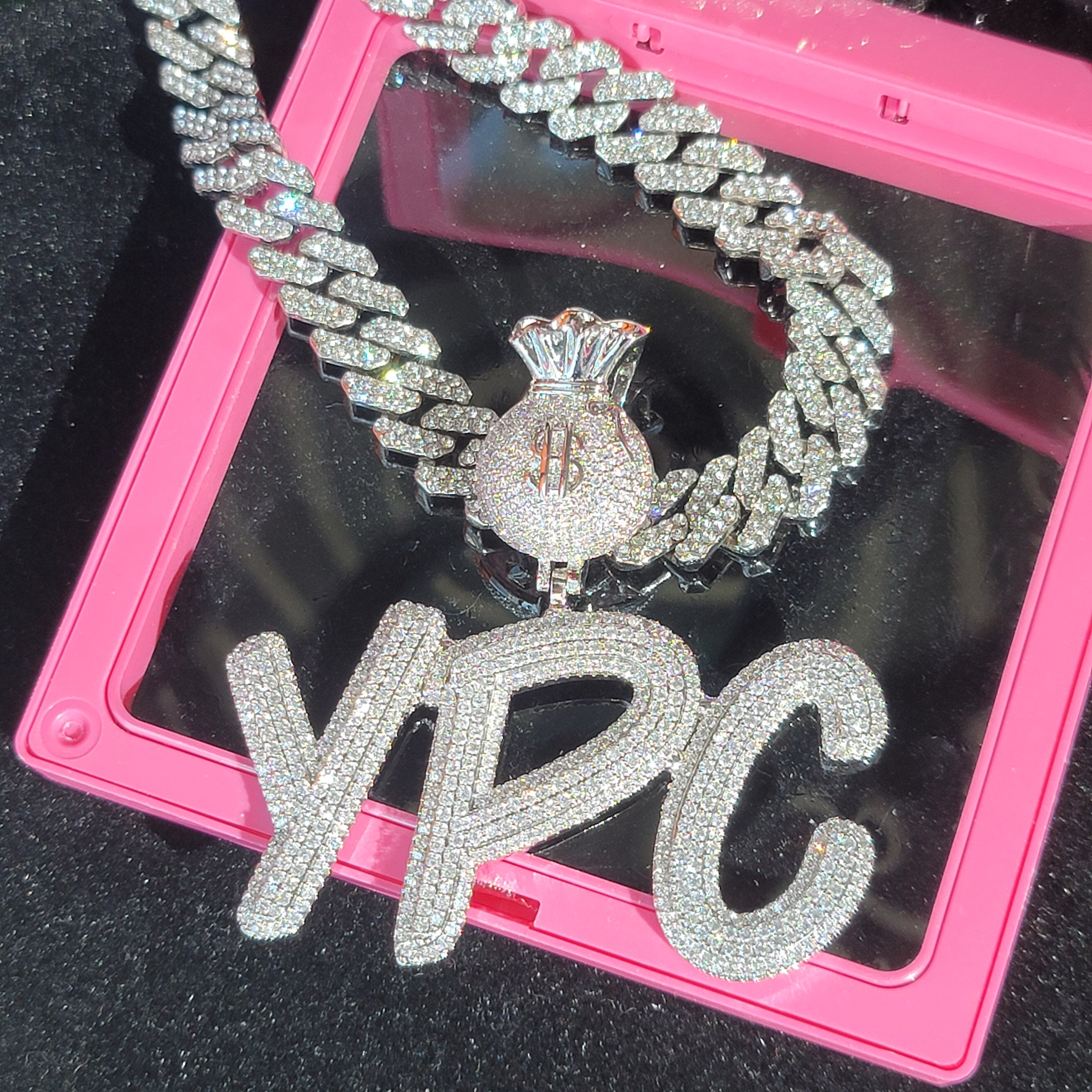 Iced Out Money Bag Personalised Letters Pendant,custom Big Cursive Font ...