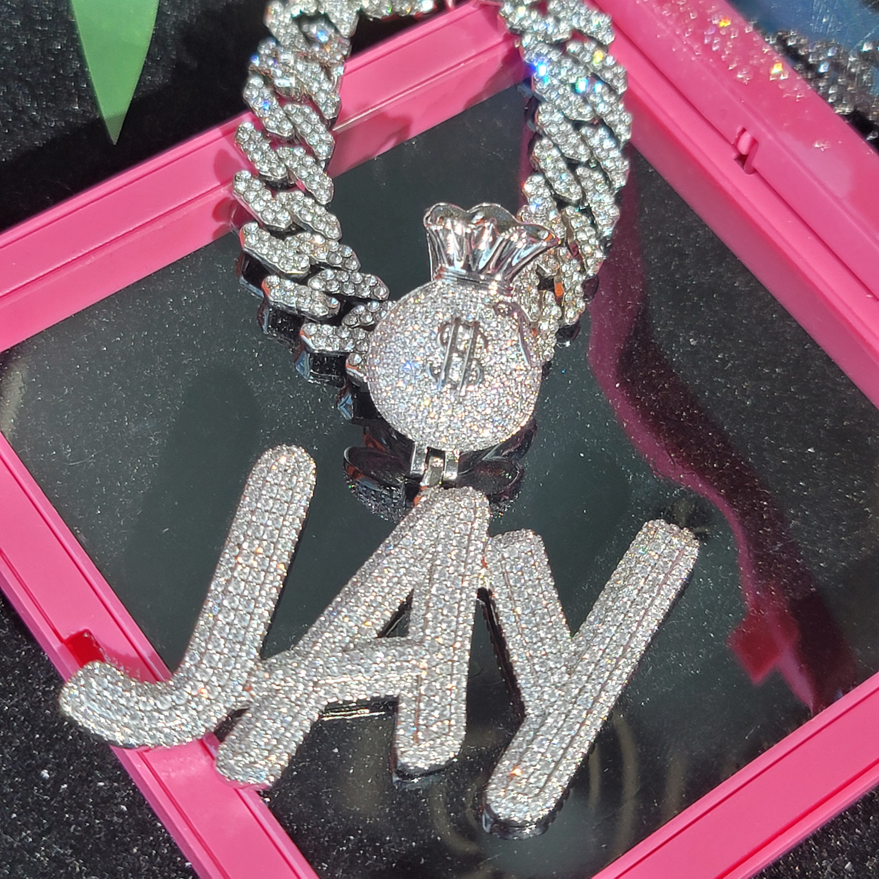 Iced Out Money Bag Personalised Letters Pendant,custom Big Cursive Font ...