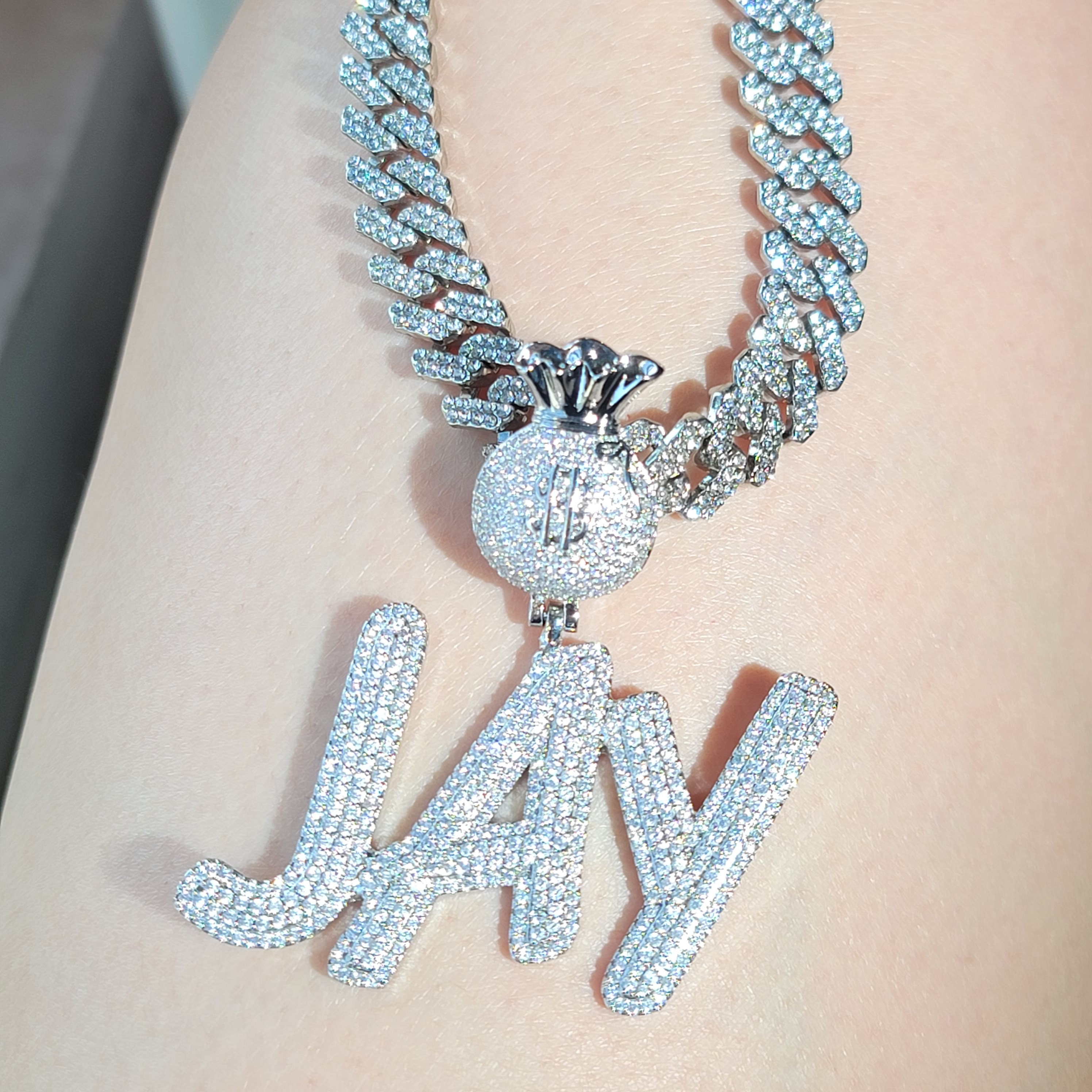 Iced Out Money Bag Personalised Letters Pendant,custom Big Cursive Font ...