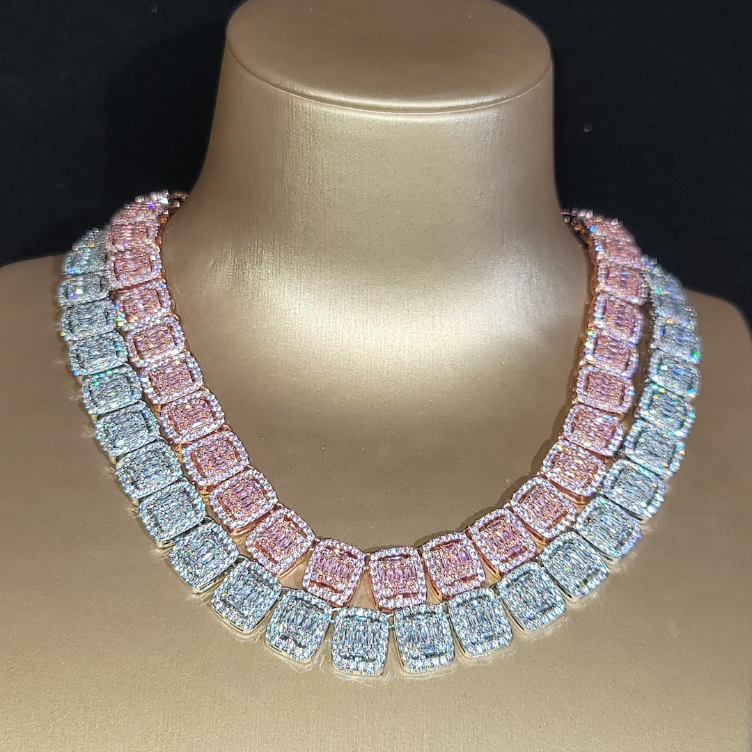 13mm Silver Baguette Chain,iced Out Pink Diamond Necklace,hip Hop Chain ...