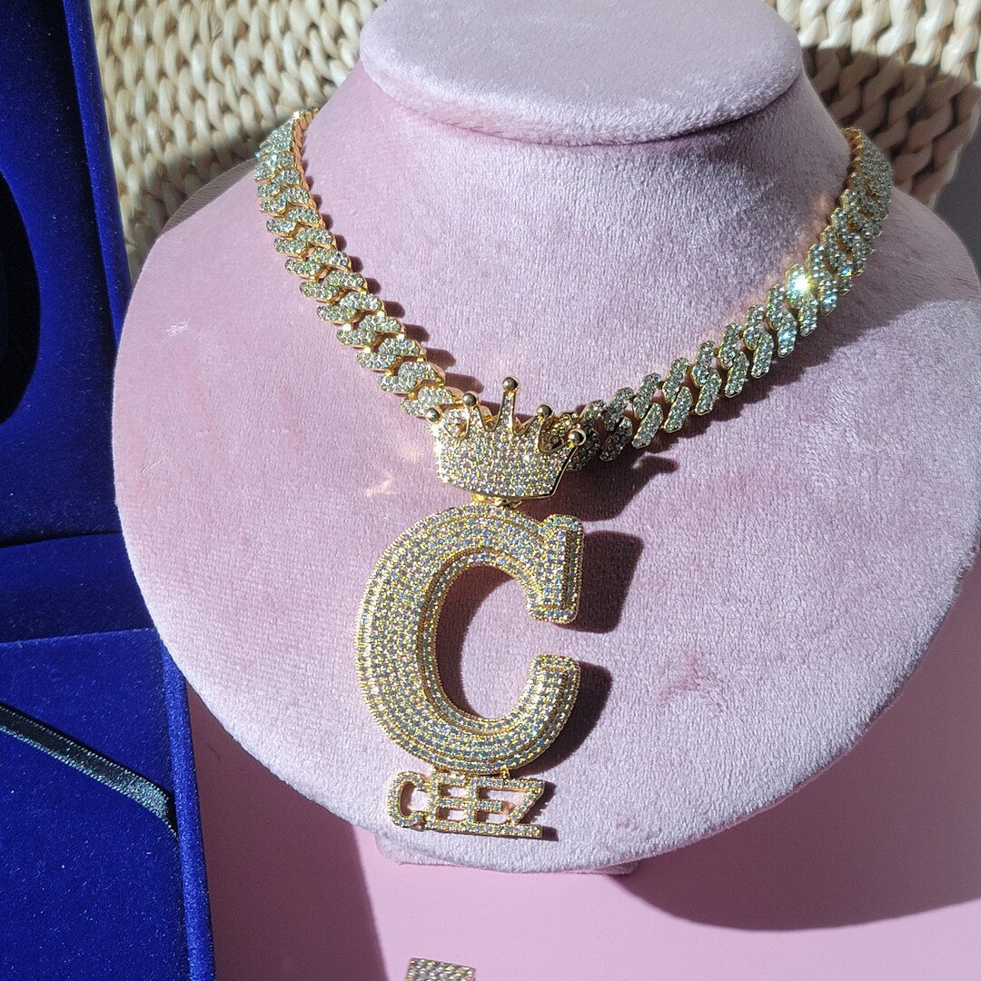 Iced Out Crown Initial Necklace: Custom Cubic Zircon Name Pendant - Etsy