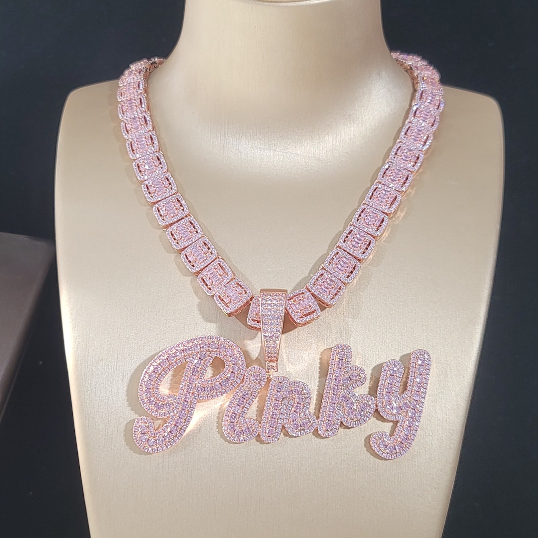 Iced Out Pink Stone Custom Name Pendant: Baguette Chain Necklace - Etsy