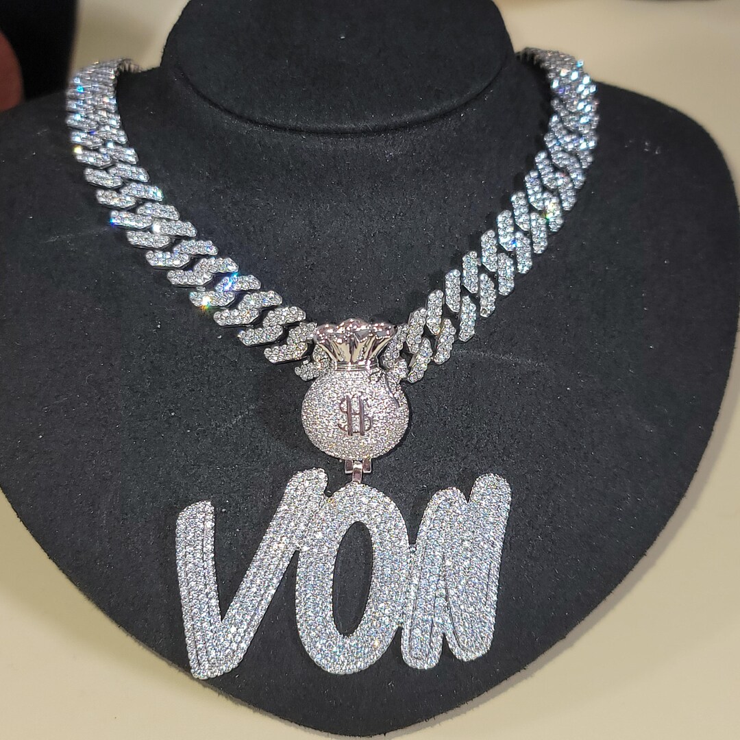 Iced Out Personalized Money Bag Bail Name Pendant,12mm Cuban Chain ...