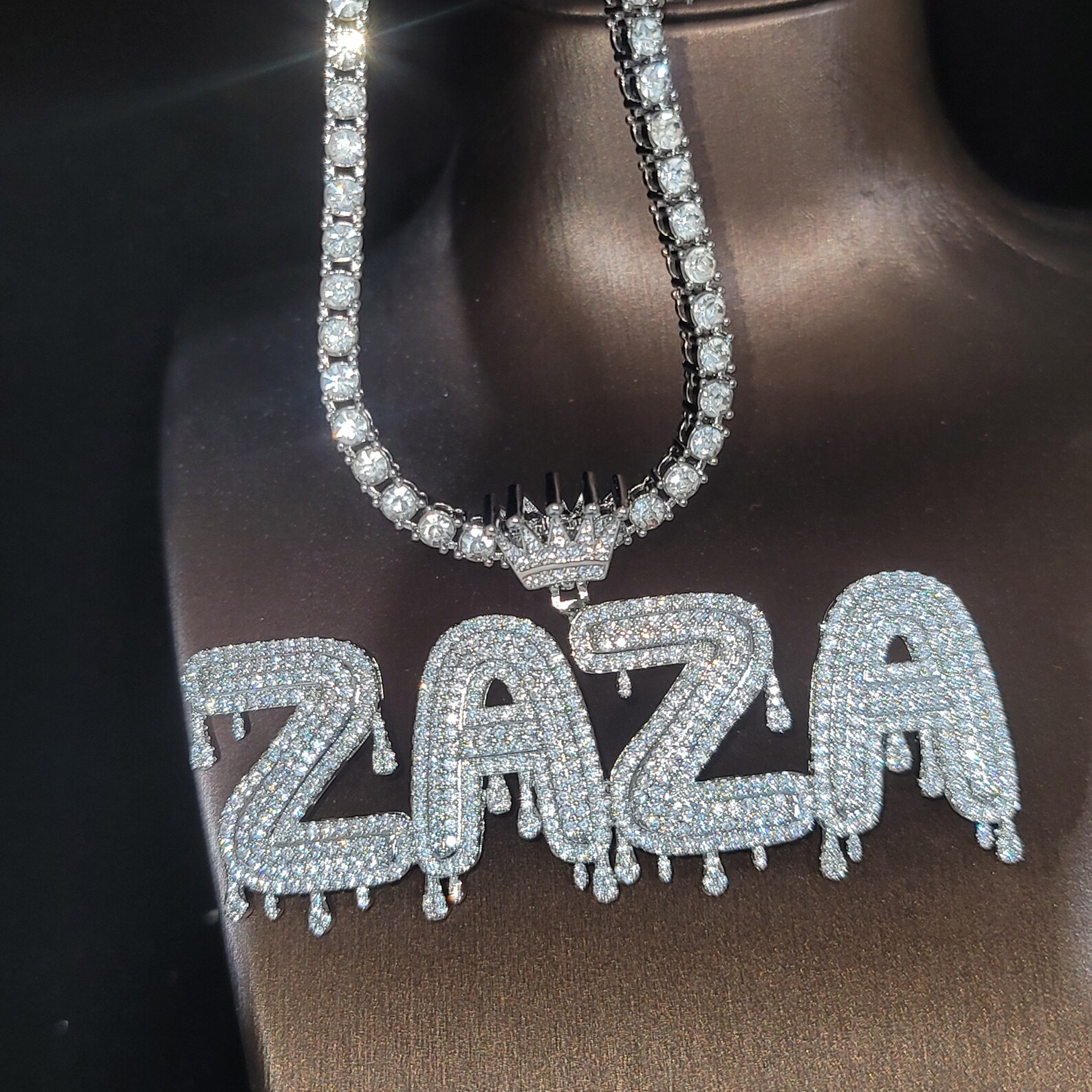 Icy Drip Bubble Letter Name Pendant With Tennis Chain - Custom Crown ...
