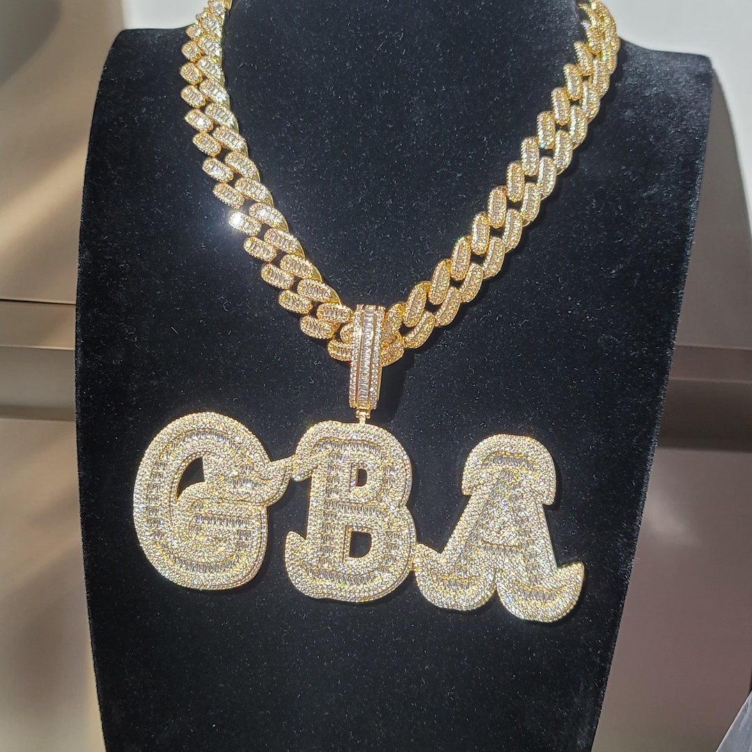 Custom Gold Silver Big Name Necklace Pendant With 15mm Bagutte Chain ...