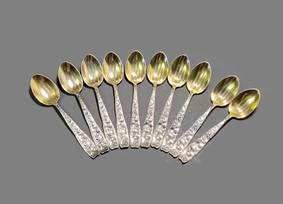 Antique Sterling Silver Demitasse Spoons, Whiting Berry Pattern, Gold ...