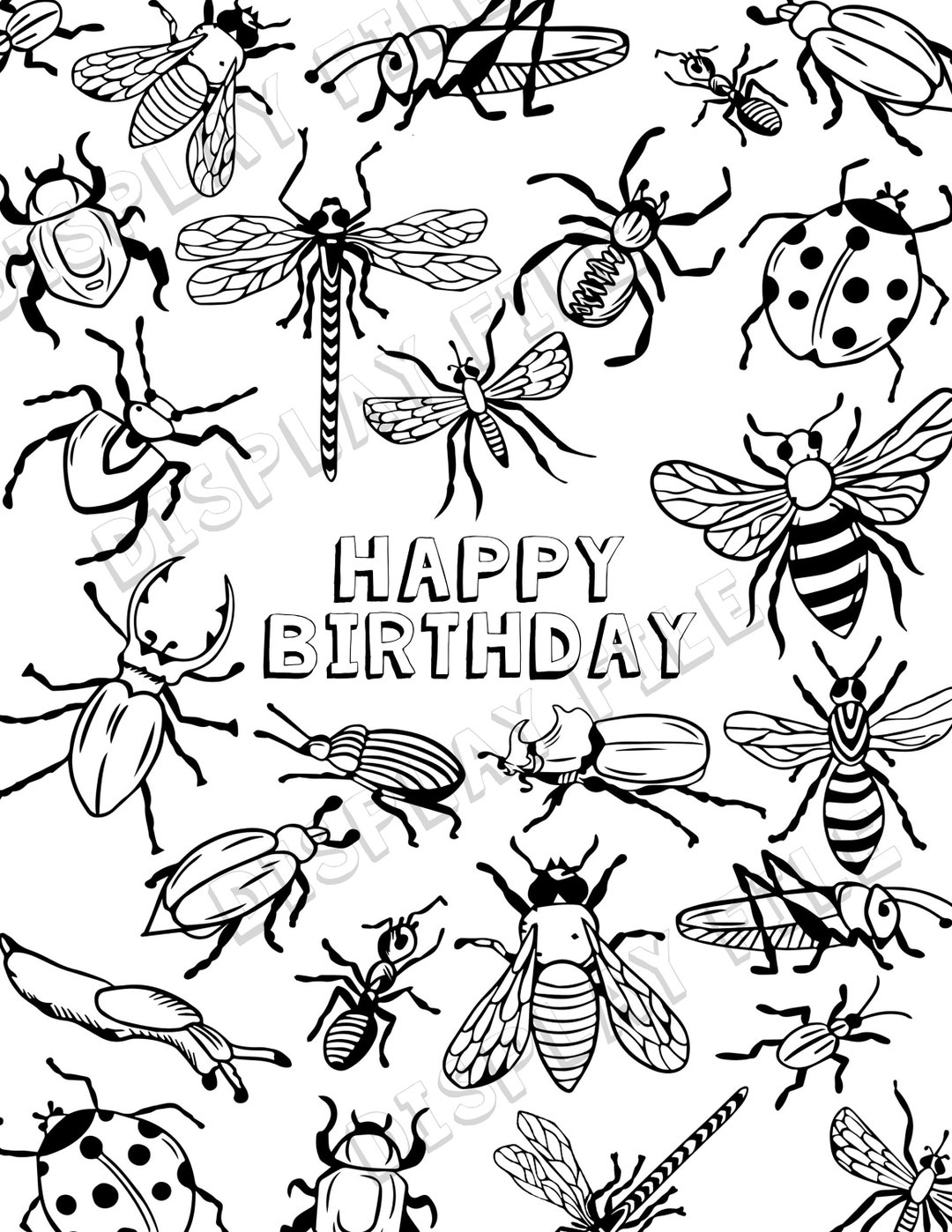 Bug Birthday Party Coloring Sheet Black and White Digital File Insects ...