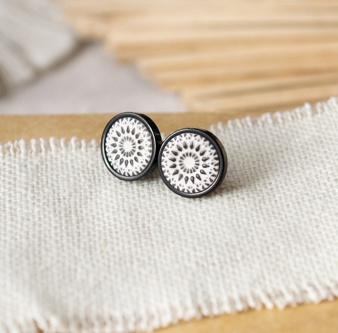 Stud Earrings Mandala Bohemian Stud Earrings White Black Stainless ...