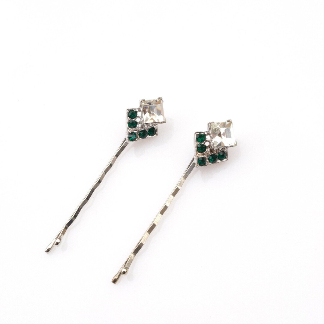 Vintage Square Crystal Hair Pins With Emerald Accents, Emerald Hair ...
