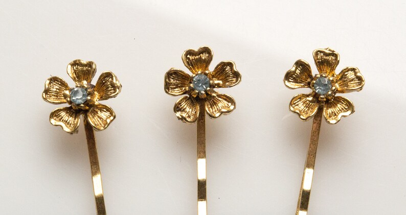 Vintage Gold Light Blue Daisy Hair Pin Trio, Vintage Blue Hair Pins ...