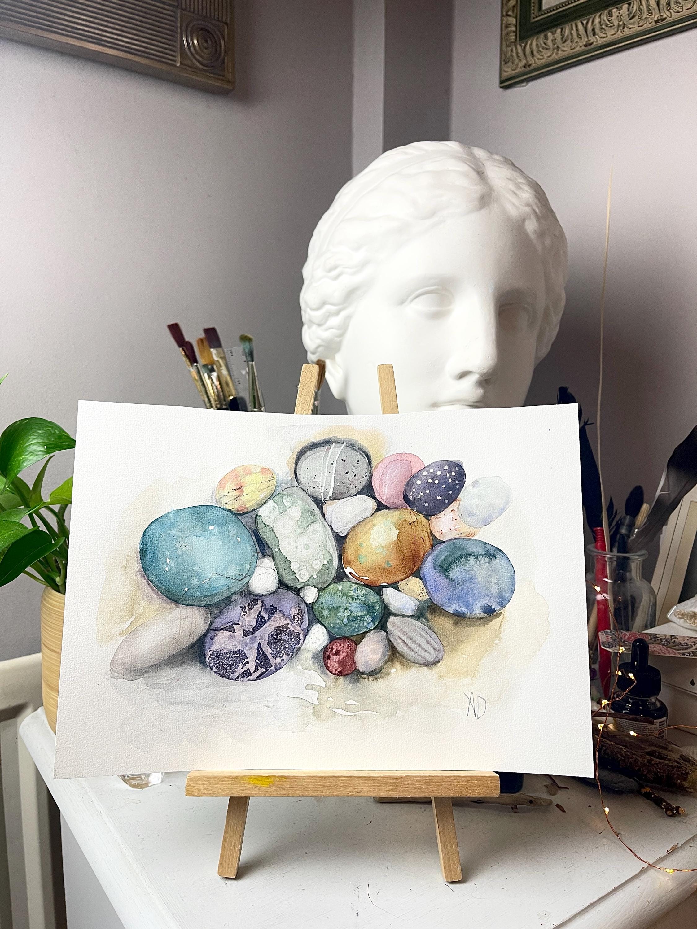 Original Watercolour Beach Pebbles Textured Semi Abstract Painting Sea ...