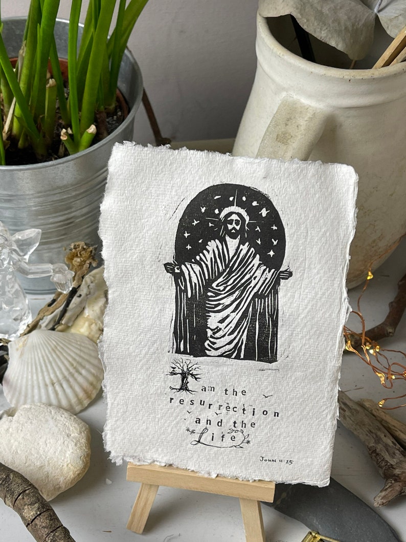 Jesus Christ Linocut Print and a Handmade Calligraphy Bible Quote I Am ...