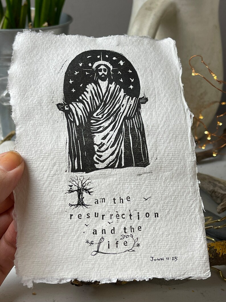 Jesus Christ Linocut Print and a Handmade Calligraphy Bible Quote I Am ...