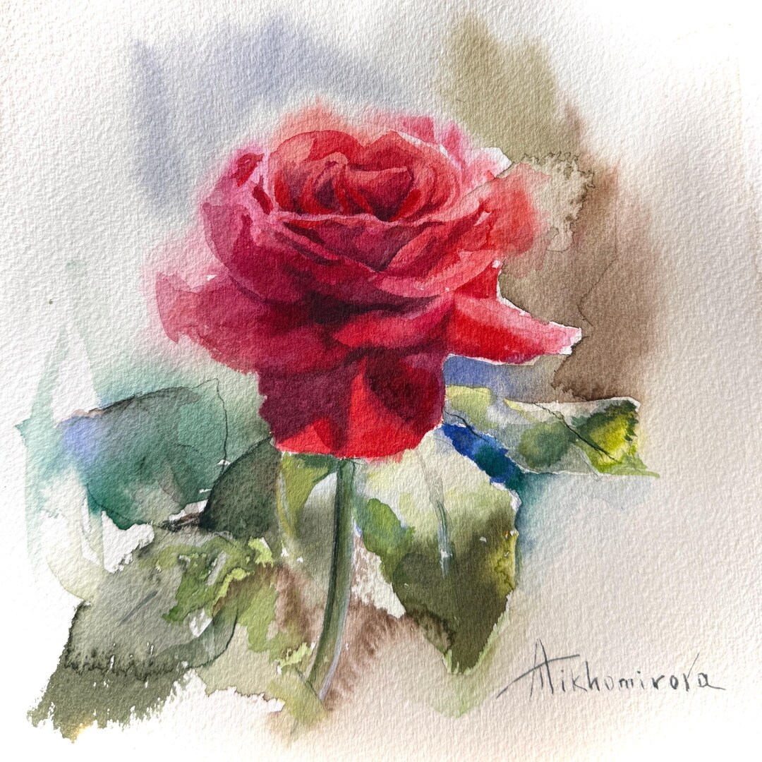 Original Red Rose Loose Contemporary Flower Watercolour Painting Floral ...