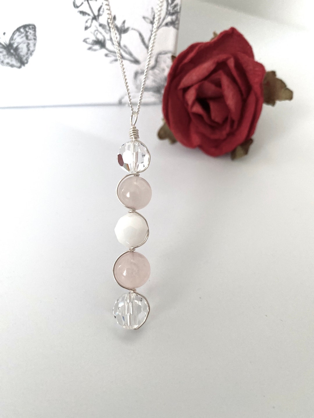 Rose Quartz, Crystal and White Alabaster Necklace, Silver Wire Wrapped ...