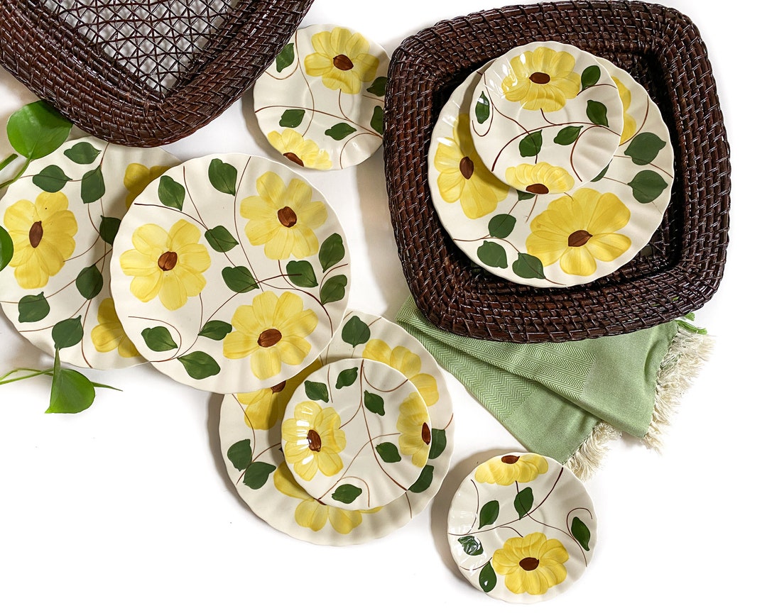 Vintage Plates | Set of 8 Yellow Floral Plates | Colorful Tableware ...