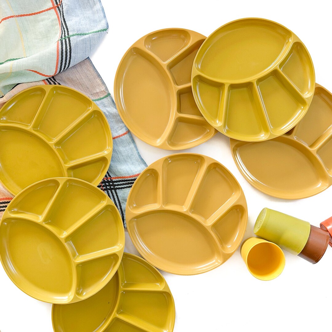 Vintage Plastic Plates | 5 Piece Yellow and Orange Serveware | Retro ...