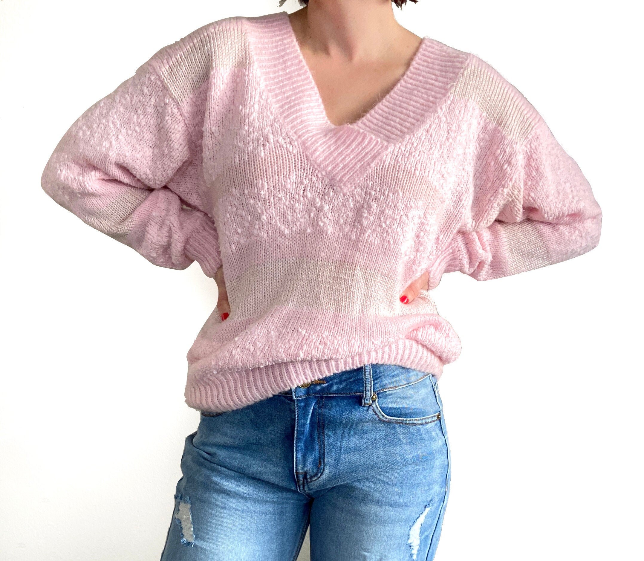 Vintage Sweater Medium Pink V Neck Sweater Oversized Knit | Etsy