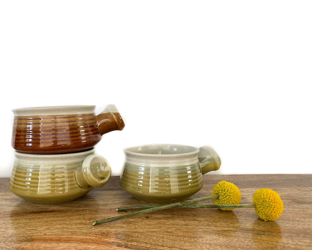 Vintage Bowls | Set of Three Handled Stoneware Soup Bowls | Boho ...