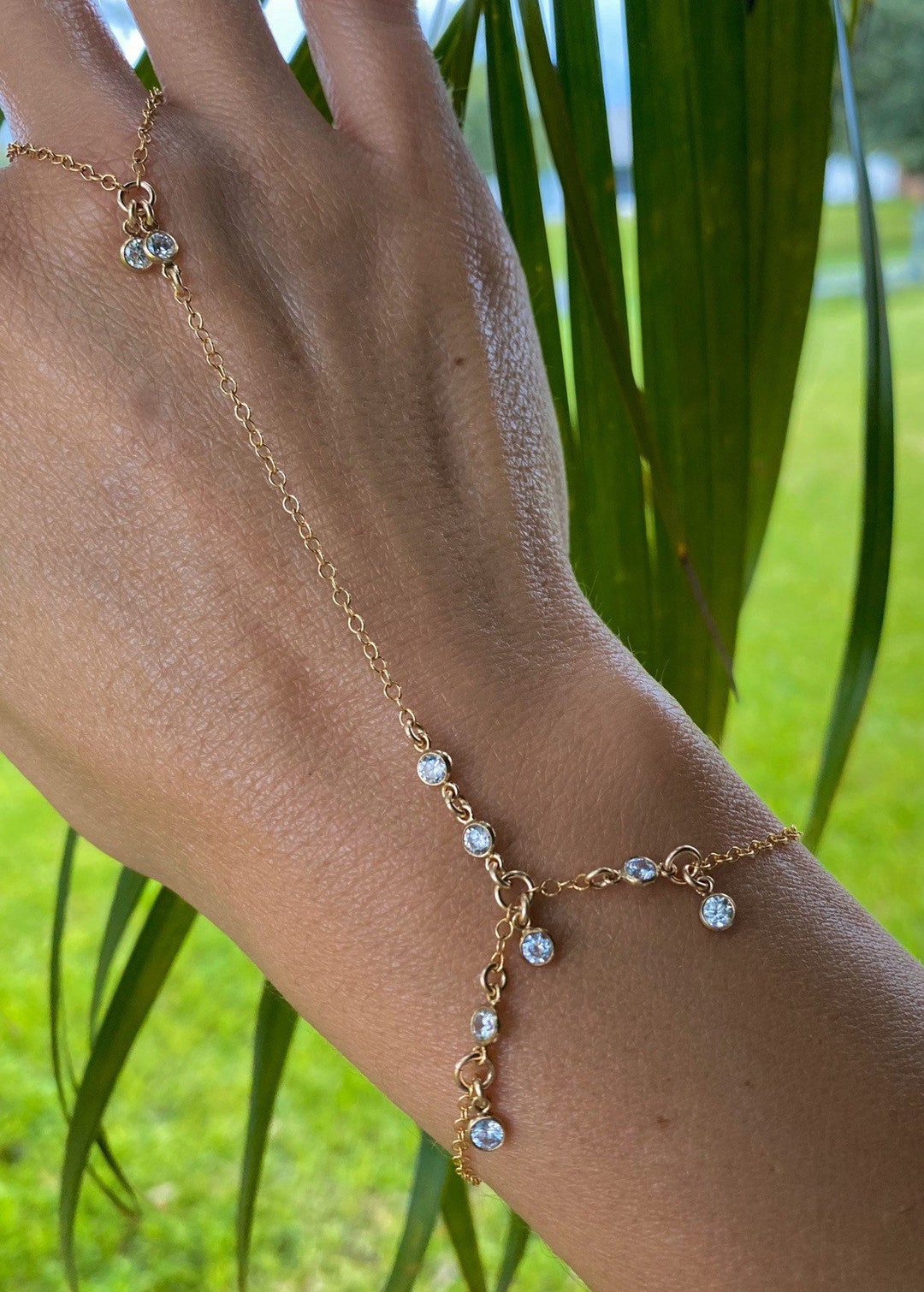 Multiple Diamond Hand Chain - CZ Shaker Finger Bracelet - 14k Gold ...