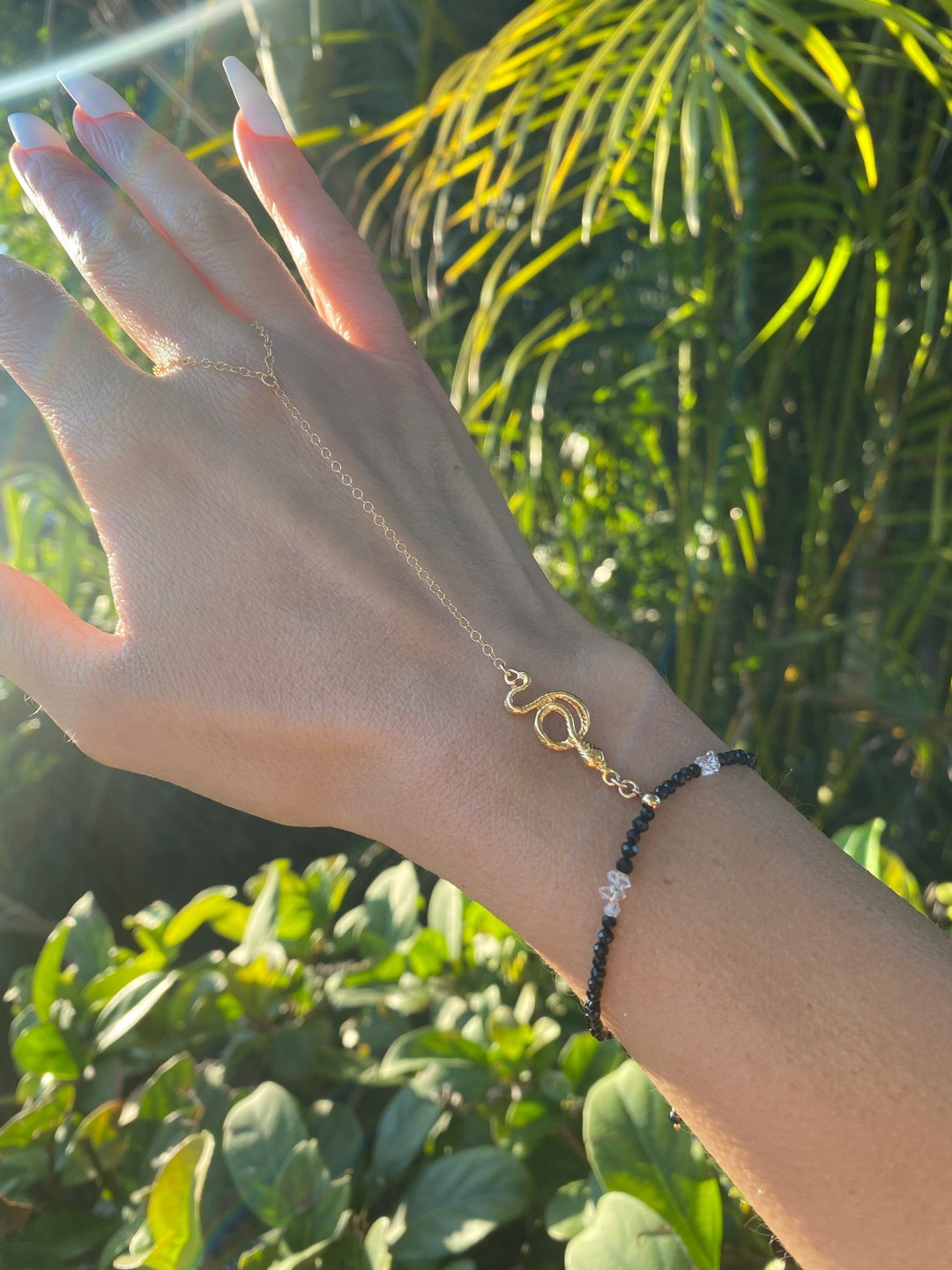 Slither Hand Chain, Black Spinel and Herkimer Diamond Finger Bracelet ...