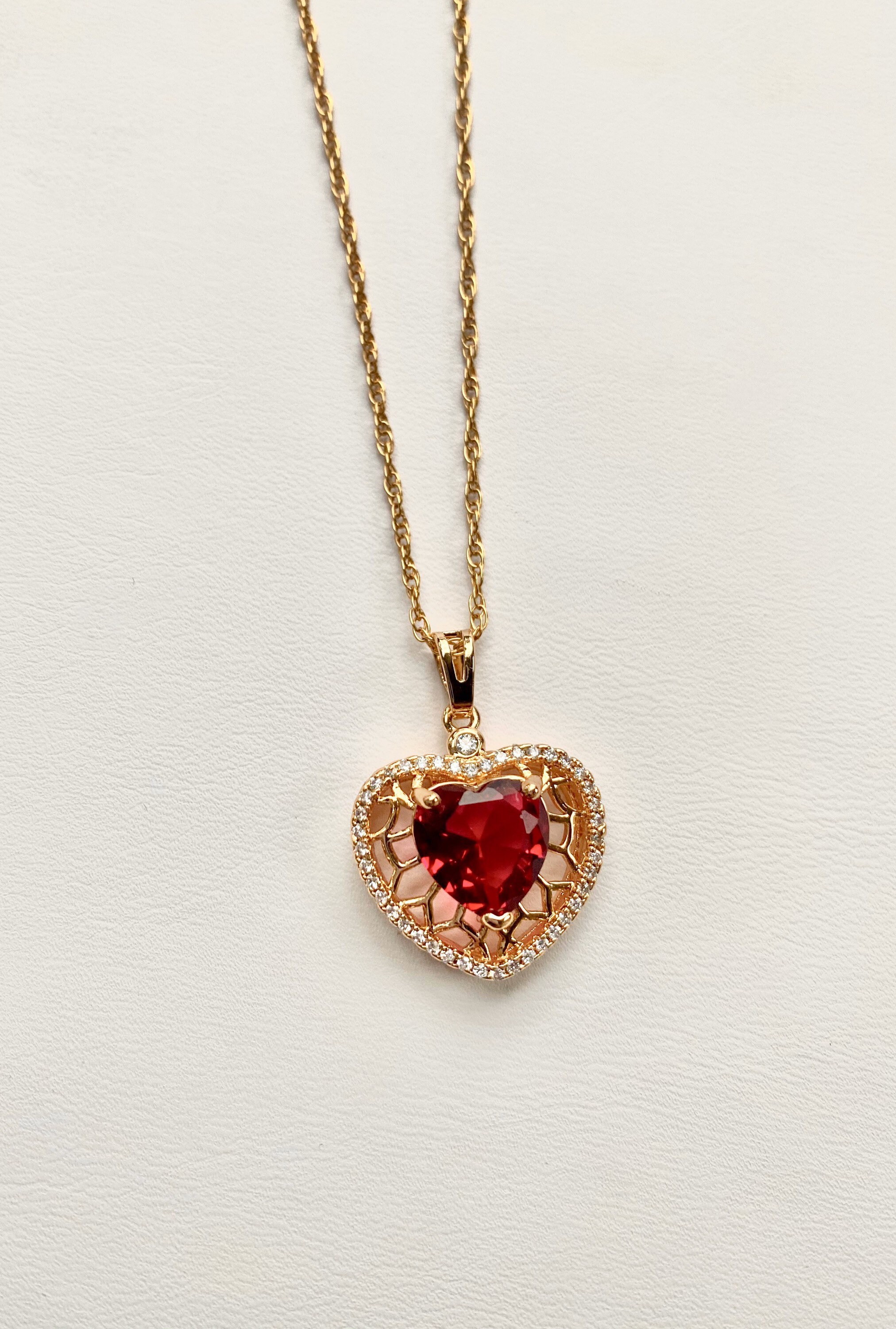 Loved Pave Ruby Heart Necklace Oversized Twisty Chain Gold | Etsy