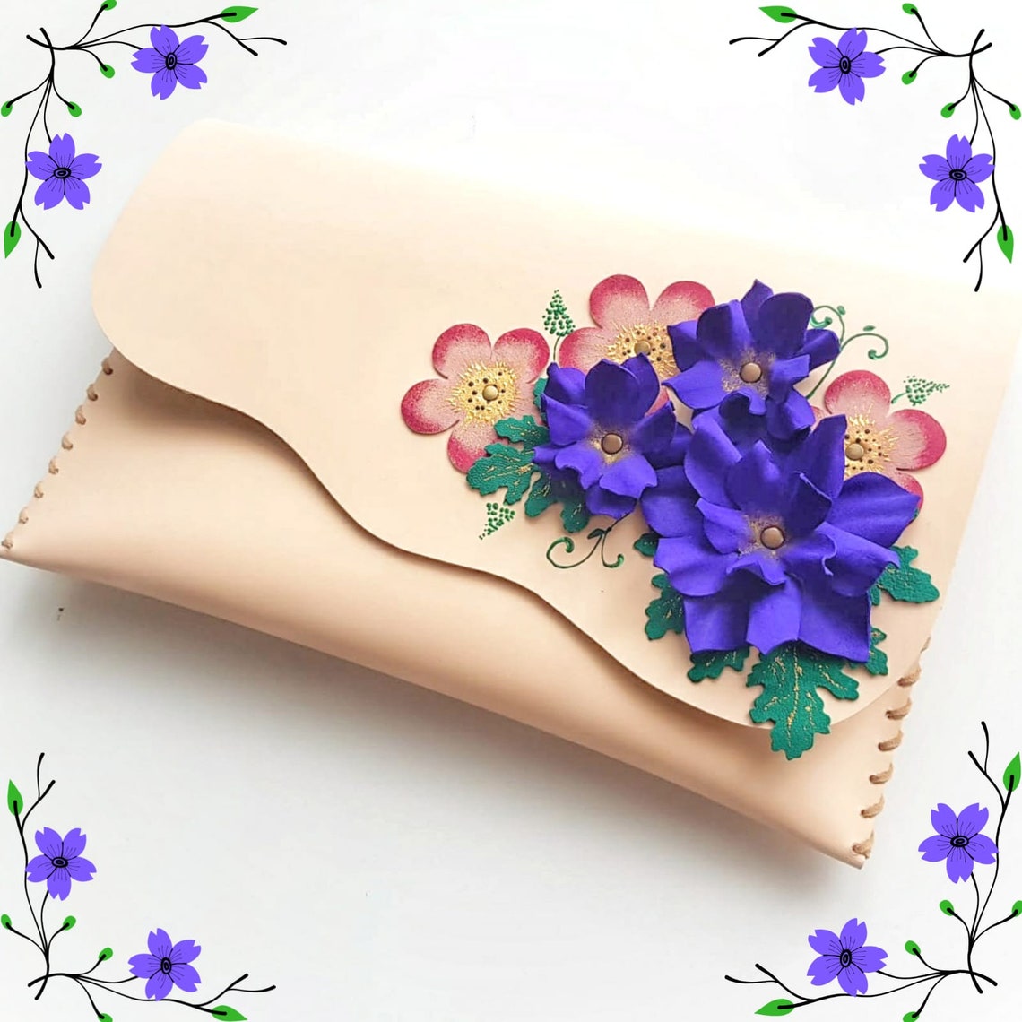 Pastel Purse With Flowers, Nude Floral Clutch, Purple Flowes Handbag ...