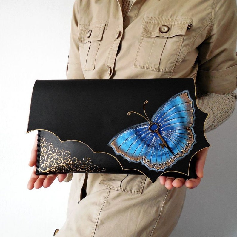 Blue Butterfly Clutch Butterfly Leather Bag Black Leather | Etsy