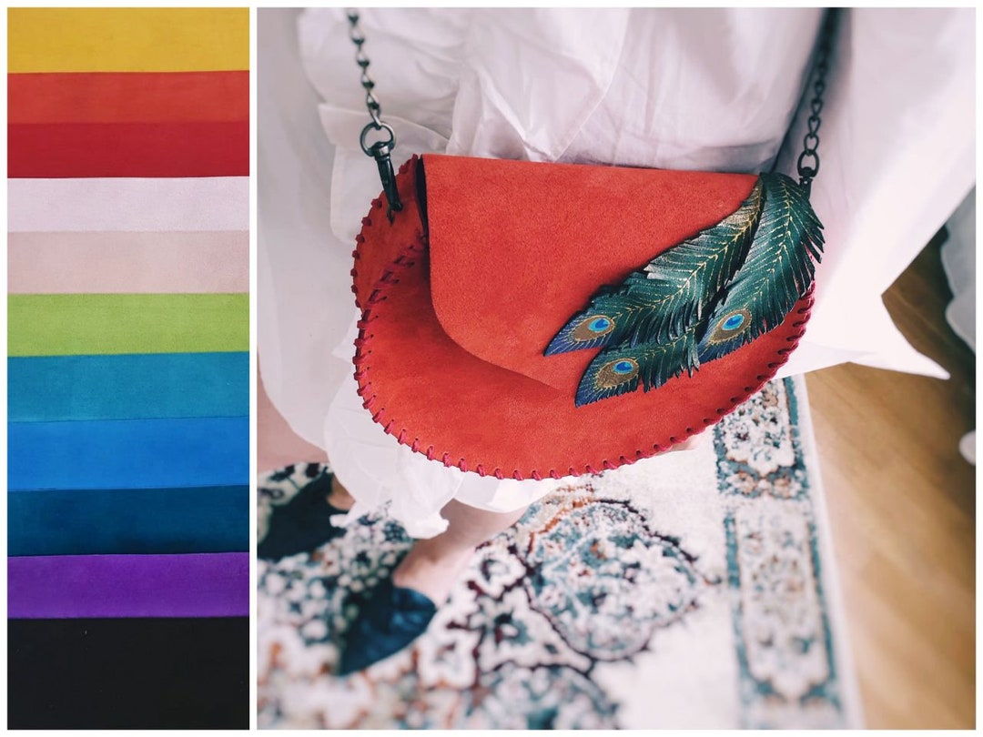 Round Peacock Feather Bag, Red Circular Bag, Suede Bag, Leather ...