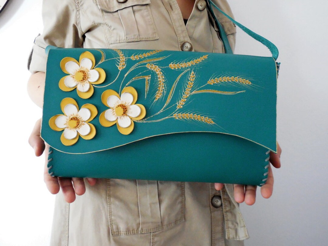 Teal Bag Unique Leather Bag Painted Bag Flower Purse Anniversary Gift ...
