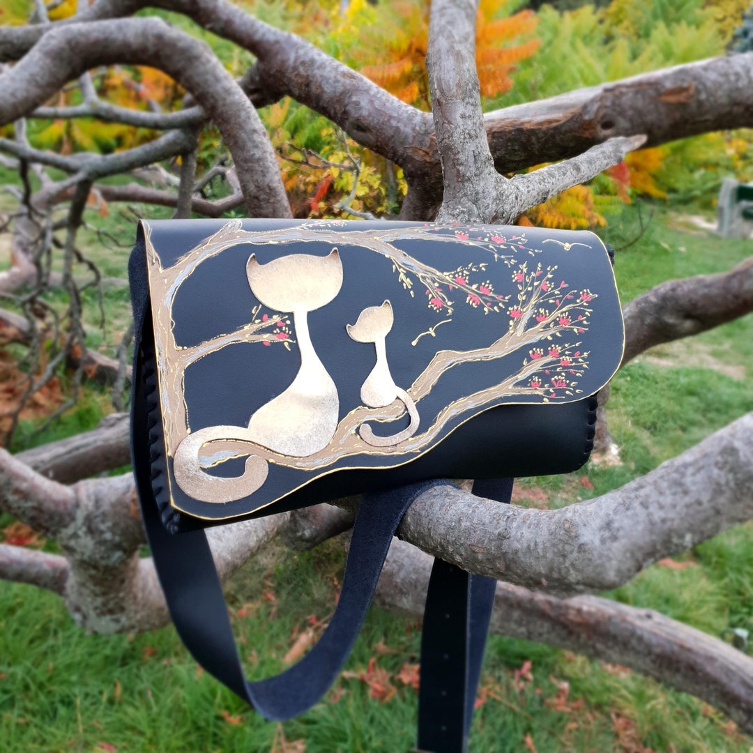 Leather Painted Bag With Cats, Cat Bag, Kitten, Bag, Cats Crossbody Bag ...