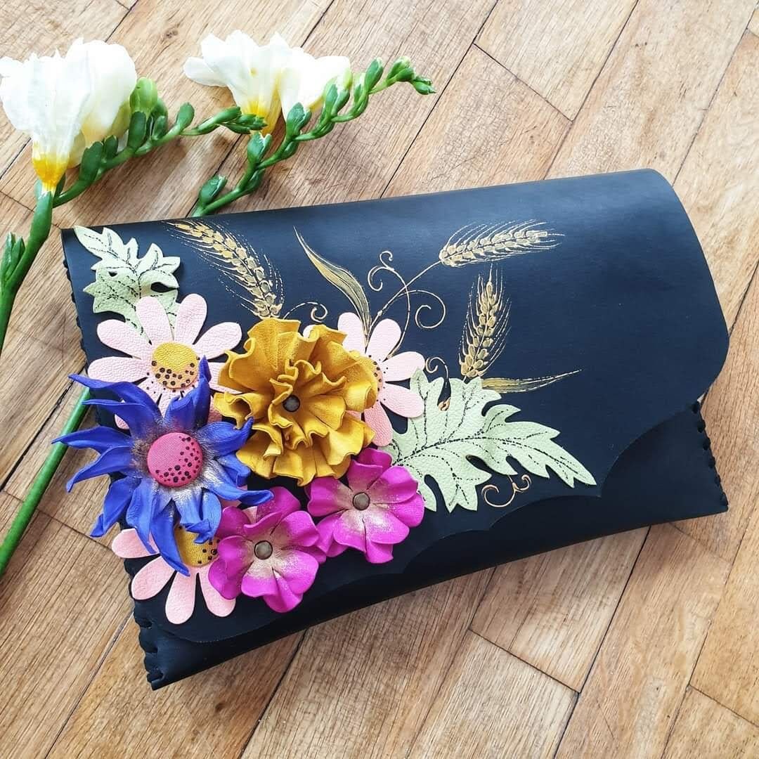 Colorful Floral Purse, Floral Leather Clutch, Black With Flowers ...