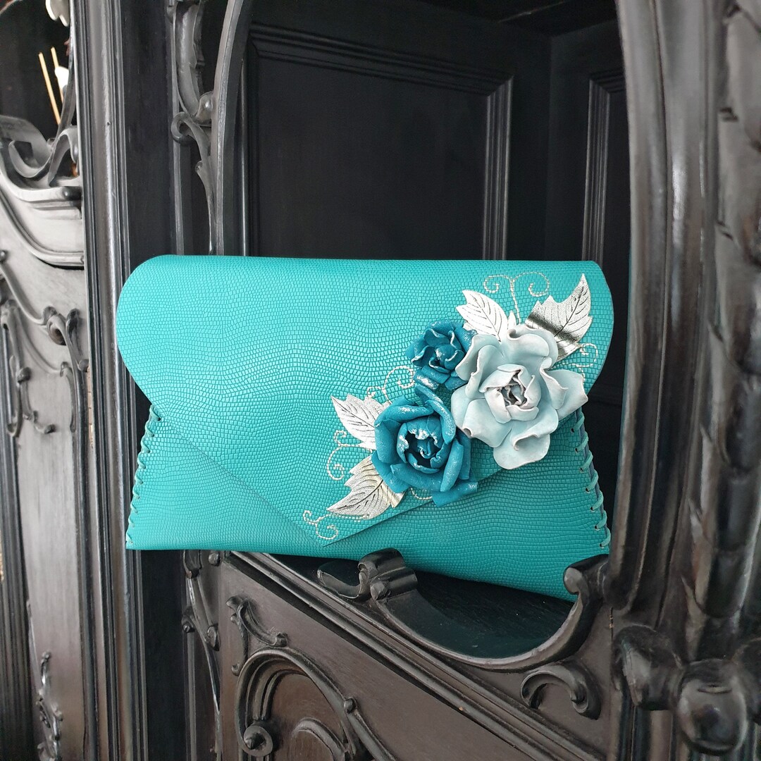Teal Clutch Purse, Teal Purse With Roses, Wedding Purse, Leather Gift ...