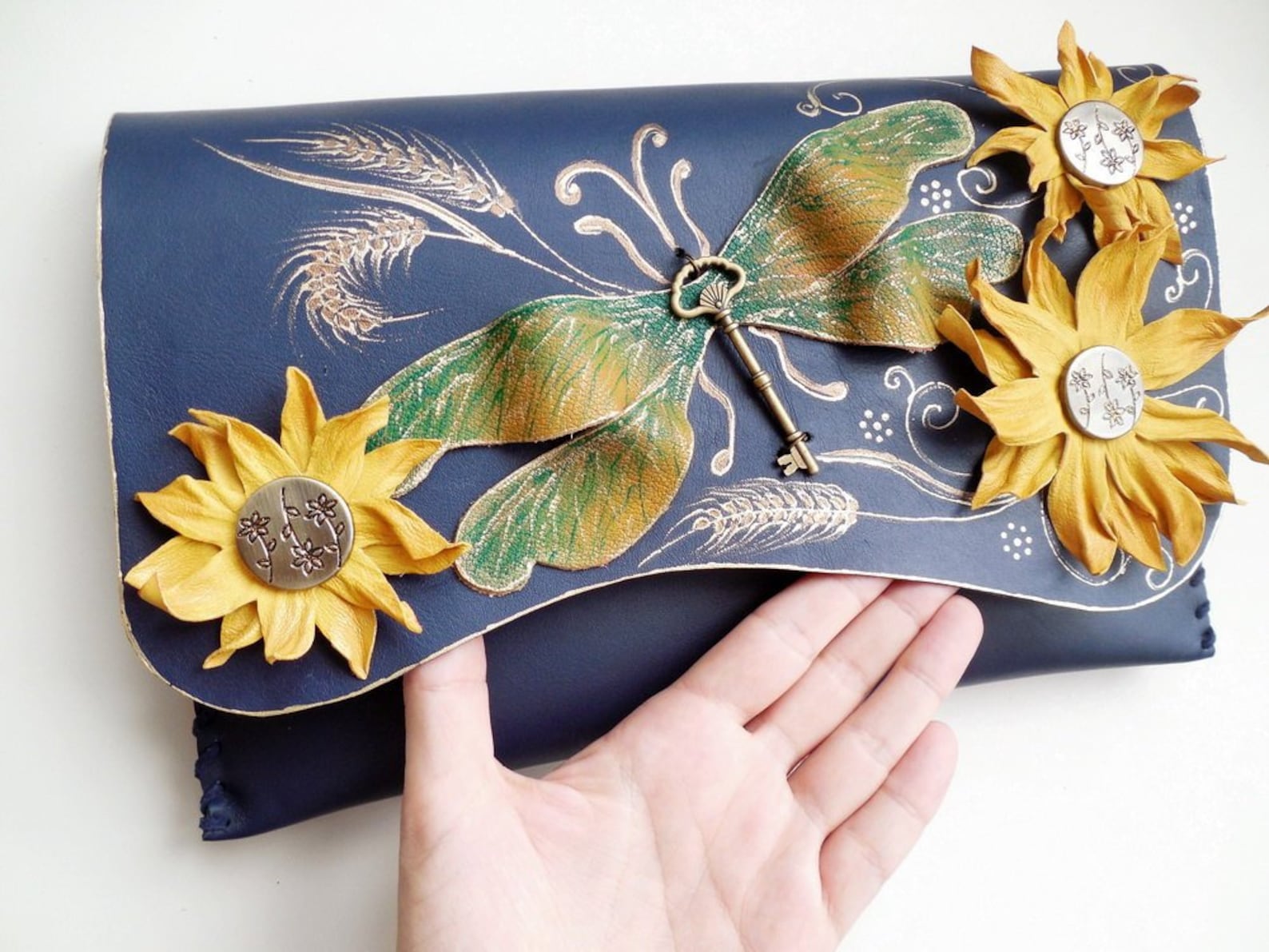 Dragonfly Clutch Bag Sunflower Leather Purse Sunflower Clutch Painted ...
