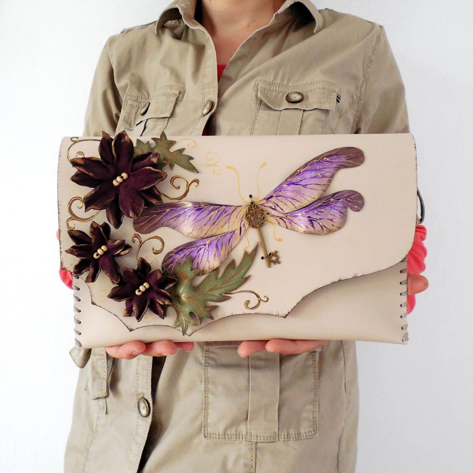 Purple Dragonfly Bag Purple Flowers Purse Unique Leather Bag - Etsy