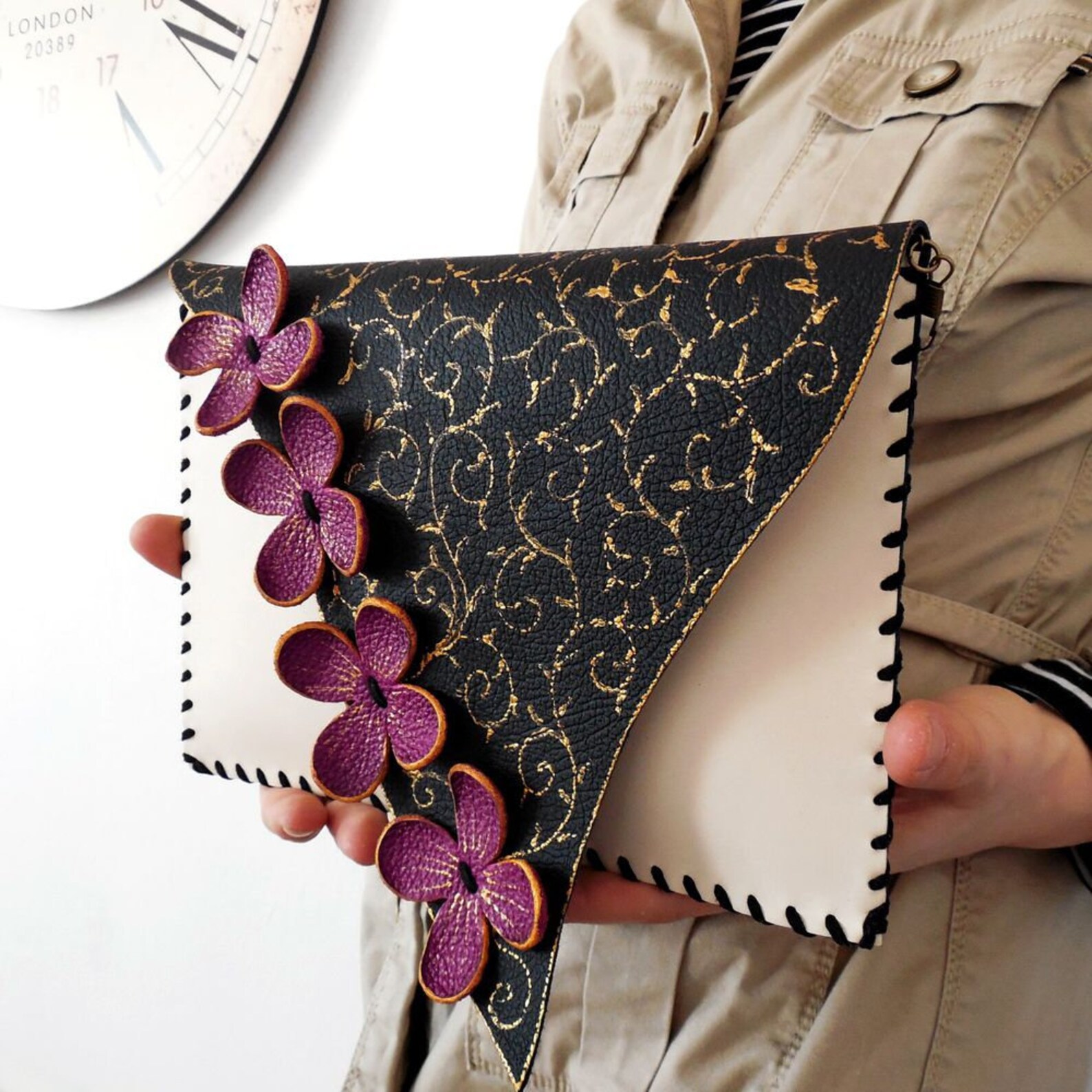 Unusual Floral Clutch Unique Design Clutch Purple Leather - Etsy