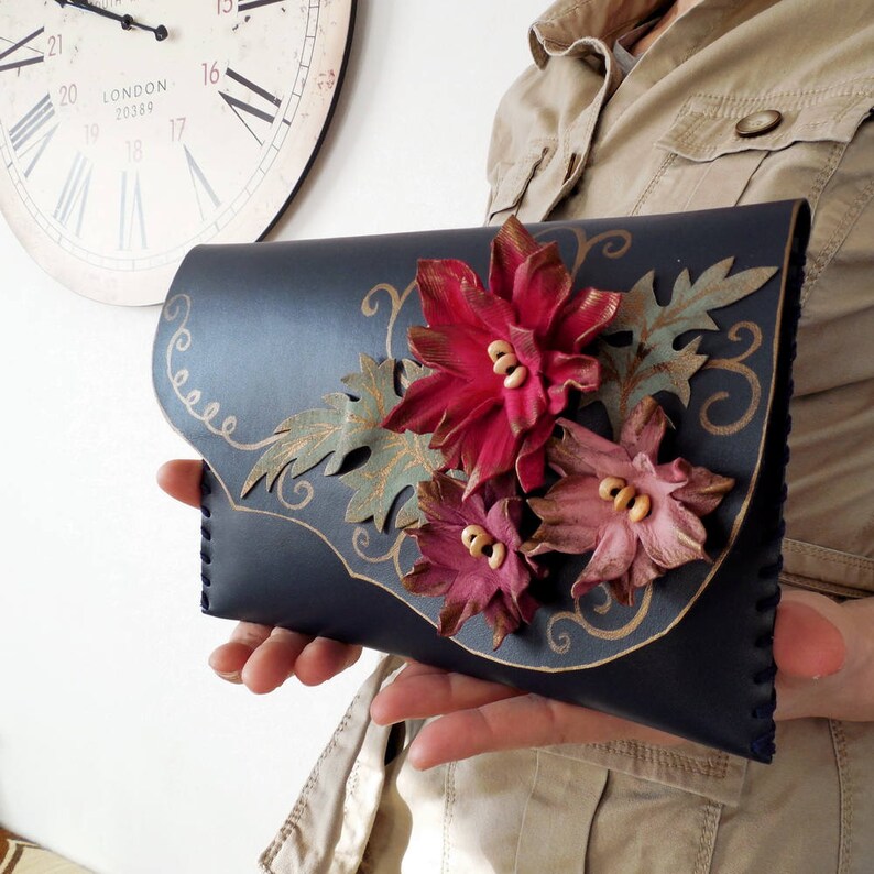 Pink Flowers Clutch Purse Black Leather Clutch Navy and Pink | Etsy