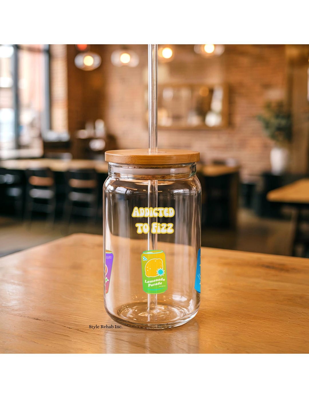 Soda Can Glass, 16oz With Bamboo Lid and Straw Says Addicted to Fizz ...